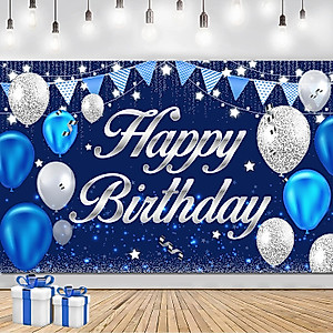 MDCGFOD Happy Birthday Banner - Birthday Decorations for Men Women Boys Girls Blue Sliver Birthday Party Banners Welcome Happy Birthday Background Sign Birthday Theme Party Decorations Indoor Outdoor