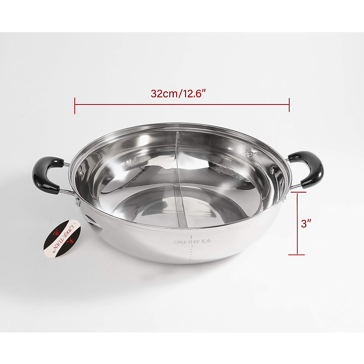 Lake Tian Stainless Steel Shabu Shabu Chinese Hot Pot With Lid, Dual Sided Yin Yang Hot Pot Pot with Divider Set Include 3 Pot Spoons, Divided Hotpot Pot, Portable, 鸳鸯火锅 (32cm/12.6″)