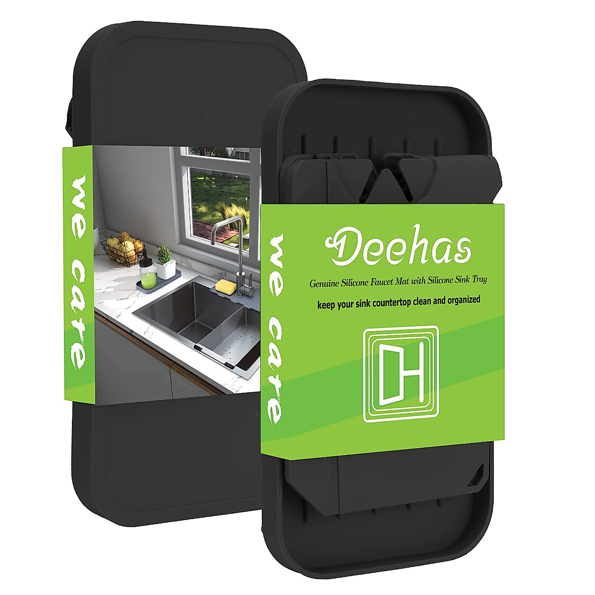 Deehas 2in1 Premium Silicone Kitchen Sink Splash Guard with Matching Sink Tray-3 Big Drains & a Hanging Hole, Perfect Faucet Handle Drip Catcher Tray, Counter Protector & Organizer-Black