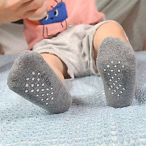 JAKIDAR 12 Pairs Baby Socks Non-Slip Toddler Socks With Grips for Baby Boys Girls - Ankle Low Cut Cotton Socks for Babe and Kids, Gray 12-24M