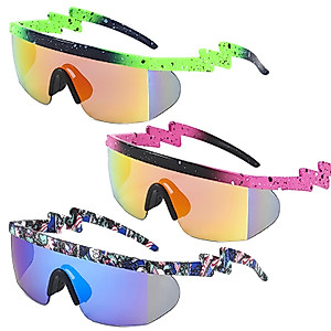 Tongcloud 3 Pair Unisex Retro Neon Retro Semi Rimless Sunglasses 80s 90s Zigzag Sunglasses Lens Rainbow Sunglasses Sport Semi Rimless Sunglasses for Men Women (Cool Color)