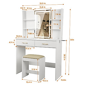 QUALIKRAFT Vanity Set with Mirror and Stool and Lights, Vanity Desk with Mirror & Power Outlet,Vanity Desk with Drawers, White Vanity with Lighted Mirror，Dressing Table Set with 2 Large Drawers