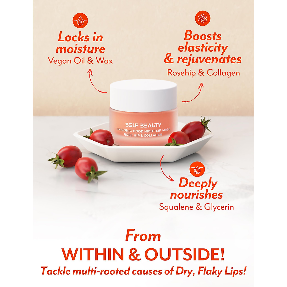 SelfBeauty Lip Mask - Rosehip & Collagen, Vegan Lip Balm, Lip Moisturizer, Overnight Hydrating Lip Treatment with Collagen Peptide, Lip Scrub Exfoliator Intensive Lip Repair, 0.51fl.oz