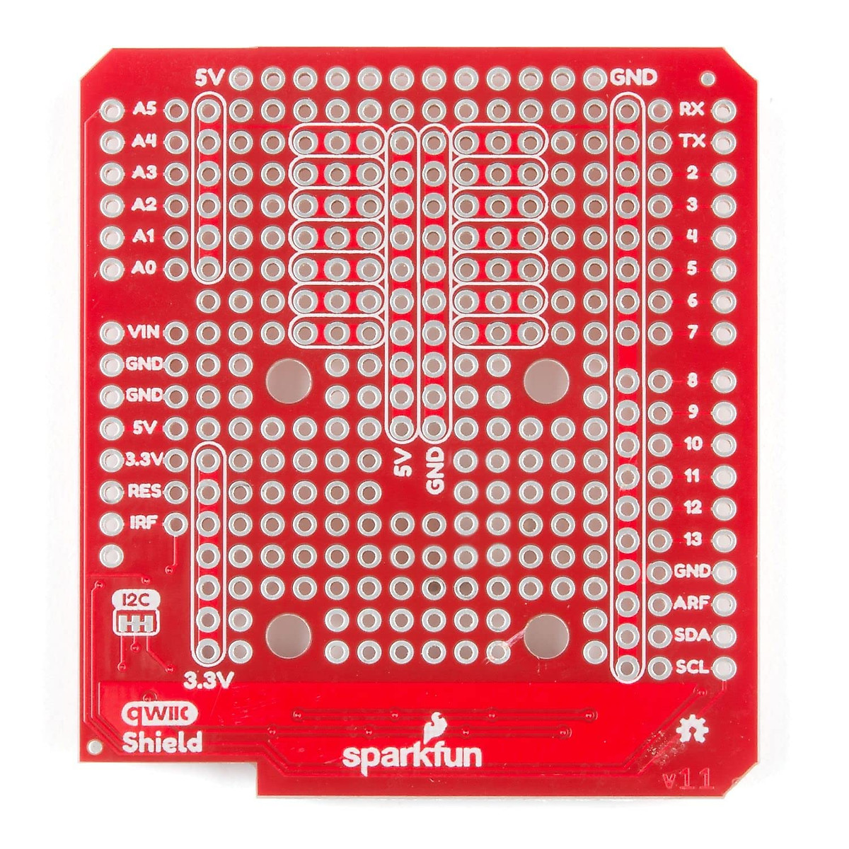 SparkFun Qwiic Shield Compatible with Arduino-Simple to incorporate Qwiic connect system w/ R3 footprint system I2C 4 mounting ports 3-by-1 power rails & ground buses Converts 5V-3.3V Soldering Needed