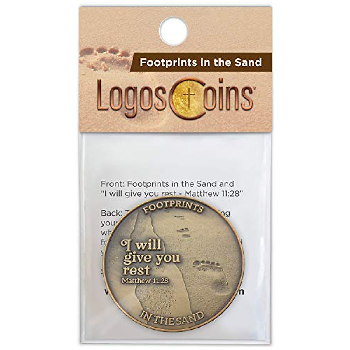 Footprints in The Sand Coin, Resting and Peace, Antique Gold Plated Christian Challenge Coin. During Your Times of Trial and Suffering, I Carried You. I Will Give You Rest, Matthew 11:28 Gift