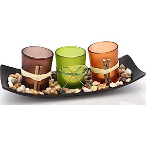 DARJEN Votive Candle Holders with Rocks and Tray, Vintage Candlescape Set of 3, Natural Tea Lights Candle Holders for Home Table Decor, Housewarming