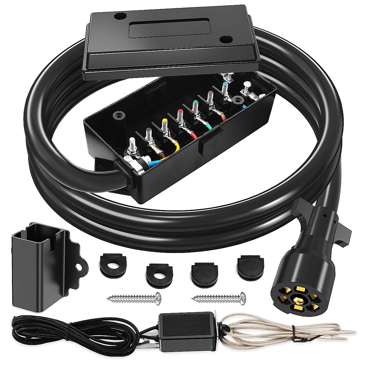 CircleRoad 7 Way Trailer Cord 8 Feet with 7 Gang Junction Box Kit, 7 Way Trailer Wiring Harness Kit and Trailer Breakaway Kit, 12V Emergency Breakaway Switch and Plug Holder, Waterproof, Dustproof