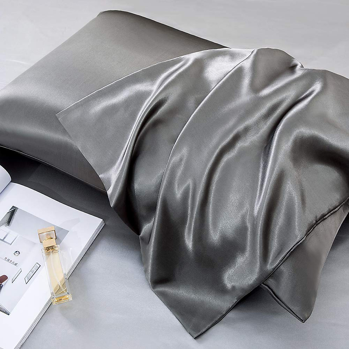 Luxbedding Satin Pillowcase Pillow Cases Standard Size, Cooling Satin Pillowcase for Hair and Skin, Silk Pillowcase 2 Pack - Gray Pillow Case