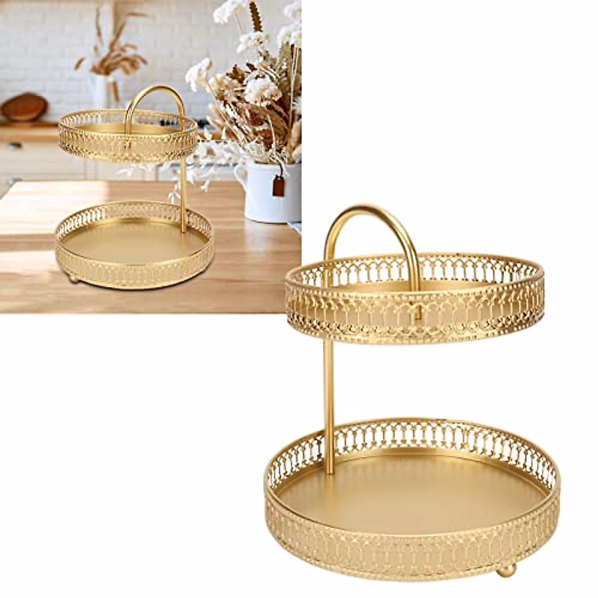 2 Tiered Tray Stand Dessert Cake Serving Holder Stand Fruit Rack with Handle, Food Presentation Serving Tray Decor for Kitchen, Living Room