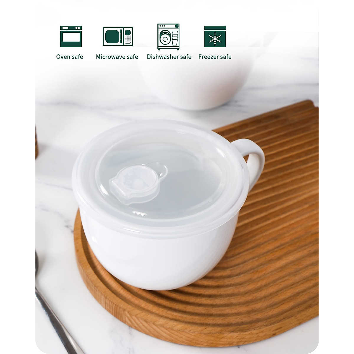 Lareina Large Soup Mugs 28 oz - Ceramic Cups With Anti-Heat Handle - Coffee Mugs Set With Vented Plastic Highly Sealed Lid Jumbo Soup bowl Microwave & Oven Safety - Set of 2 - White