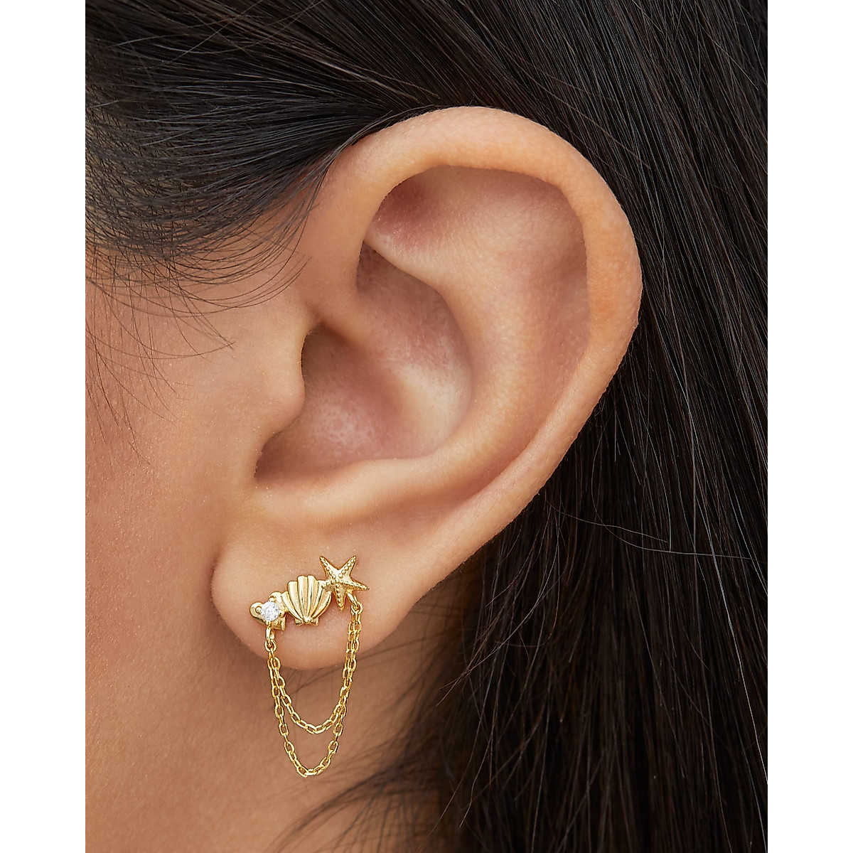 Disney Little Mermaid Jewelry, Seashell Dangle Chain Earrings, Flash Plated Sterling Silver