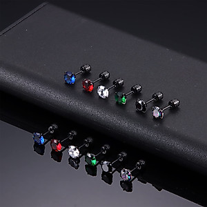 FIBO STEEL 6 Pairs Titanium Screw Back Earrings for Men Women Surgical Stainless Steel Stud Earrings Hypoallergenic Multicolor Double Side Earrings Piercing Sleeper Studs Jewelry 6mm Round CZ