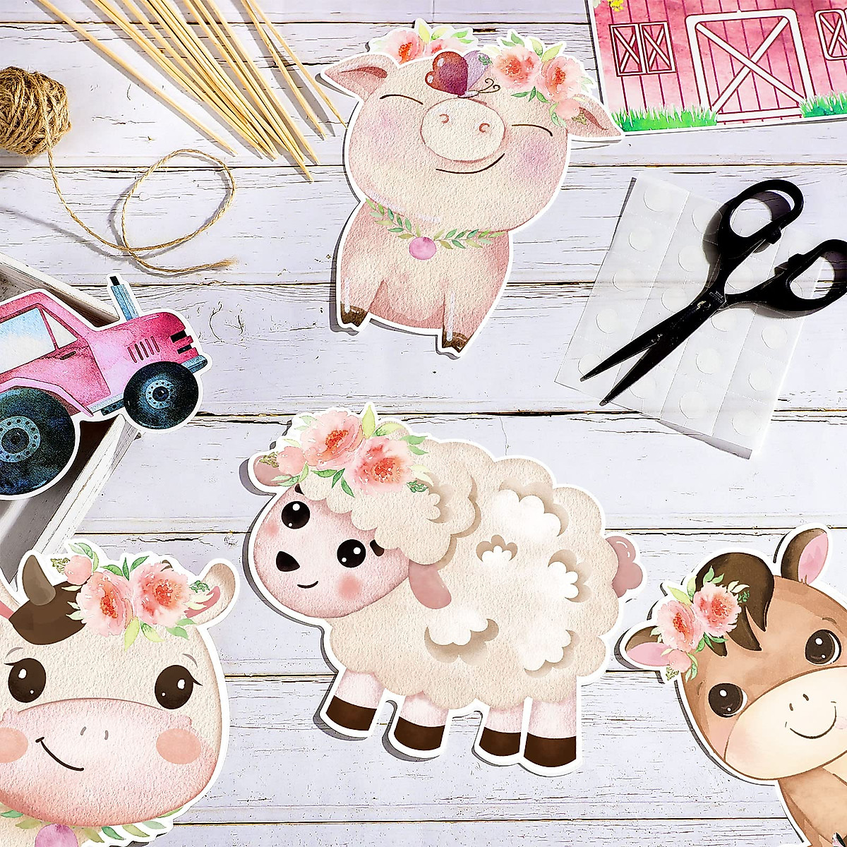 42 Pcs Floral Farm Animal Party Cutouts Girl Farm Animals Party Decorations Farm Animal Birthday Party Supplies with 60 Glue Point Dots for Girls Farm Animal Theme Baby Shower Birthday Party