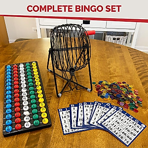 MR CHIPS 11" (Inch) Tall Professional Bingo Set with Steel Bingo Cage, Everlasting 7/8” Bingo Balls, 18 Bingo Cards and 300 Bingo Chips - Mysterious Black Color