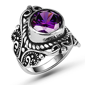 Genuine 925 Sterling Silver Round Shape Brilliant Cut Cz Cubic Zirconia Purple Amethyst Color Stone Luxury Statement, Anniversary, Birthstone or Gift for All Occasions Filigree Ring for Women (8)