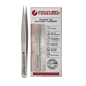 World's Best Tweezers Splinter Out Needle Nose Tweezers - High Precision Fine Point Stainless Steel Tweezers for Ingrown Hair, Ticks, Glass Removal - Diamond Tip Professional Tool for Face & Eyebrows