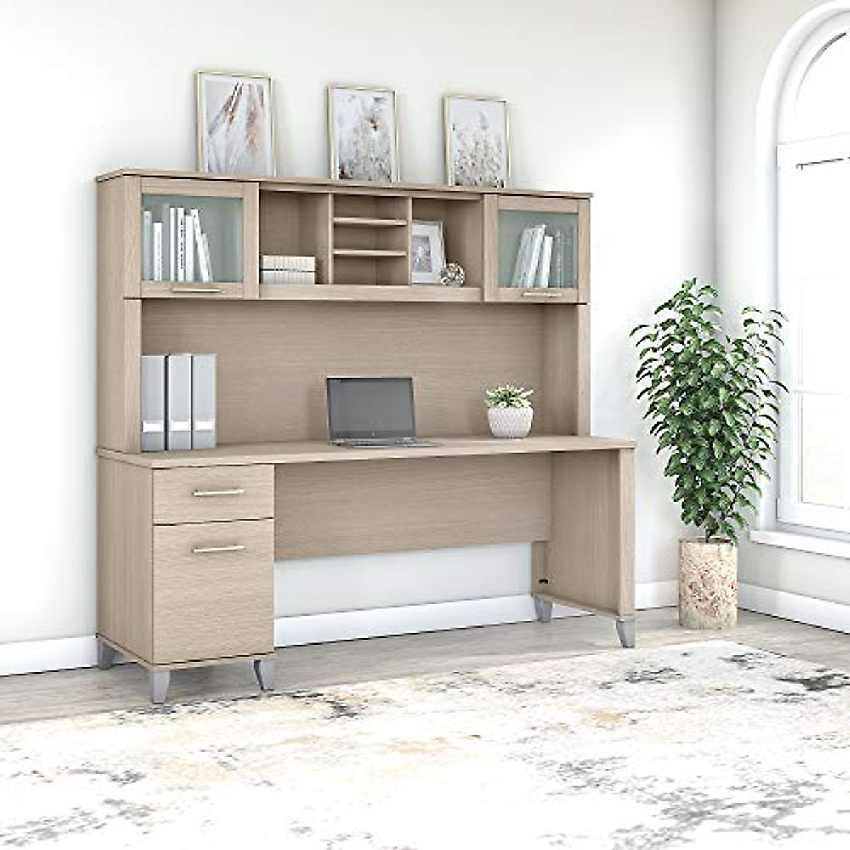 Bush Furniture Somerset 72W Office Desk with Drawers and Hutch in Sand Oak
