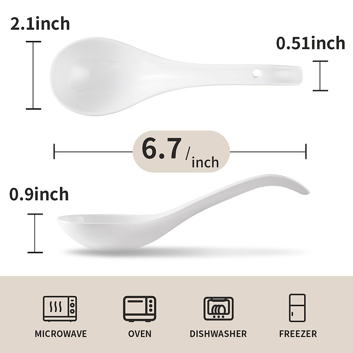 AXIAOLU Asian Soup Spoon,6.75 Inch Ceramic Ramen Spoon,White Chinese Soup Spoons,With Deep Oval Hook Design,for Dumpling,Pho,Noodles,Miso,Wonton,Set Of 4
