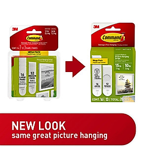 Command Medium and Large Picture Hanging Strips, Damage Free Hanging Picture Hangers, No Tools Wall Hanging Strips for Living Spaces, 12 Medium Pairs and 16 Large Pairs (Pack of 1)