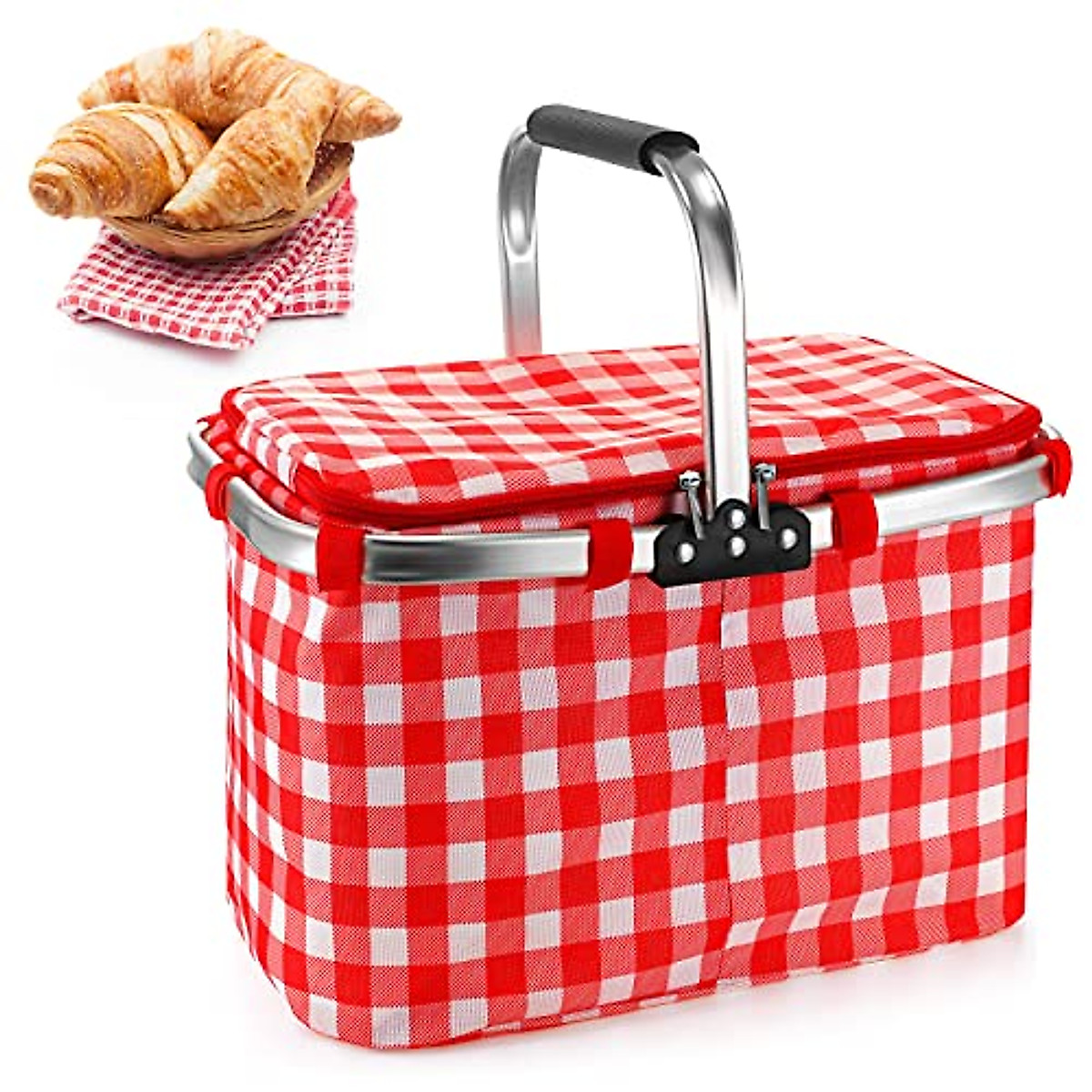 28l Insulated Picnic Baskets Portable Shopping Basket Market Basket with Folding Handle Waterproof Cooler Collapsible Picnic Basket Grocery Bag for Outdoor Picnics Travel Camping, Red and White Plaid
