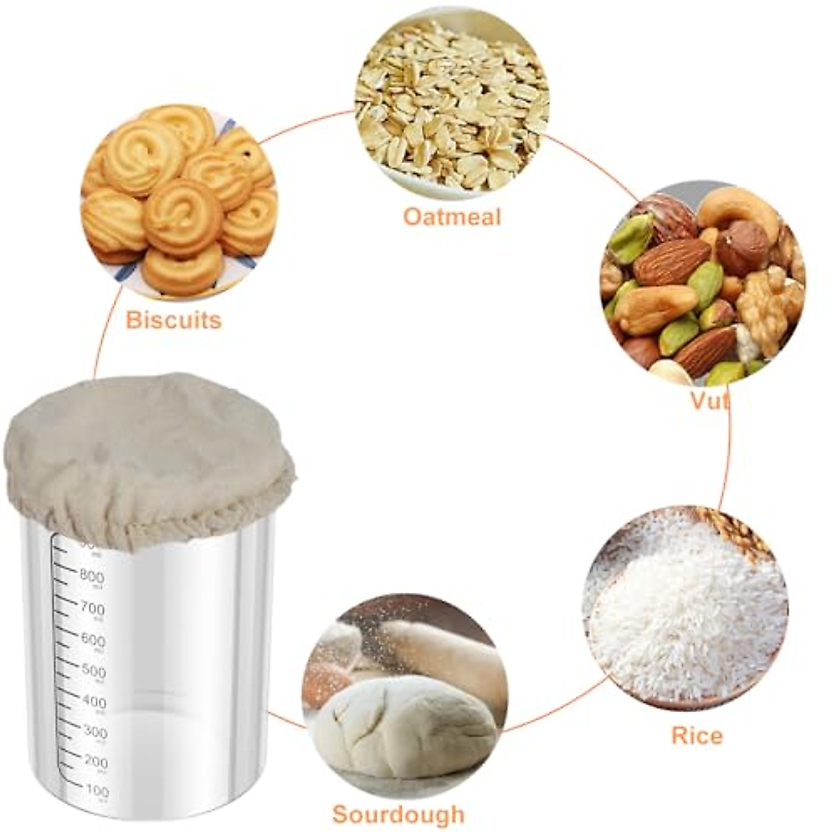 7Pcs Sourdough Starter Jar Kit with Scale 900ml Reusable Sourdough Starter Container with Bamboo Lid Multipurpose Wide Mouth Glass Sourdough Fermentation Jar for Sourdough Baking(combination)