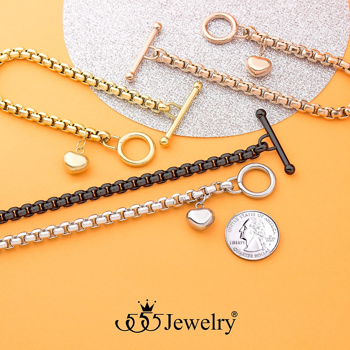 555Jewelry 5mm Stainless Steel Puffed Heart Charm Box Chain Bracelets for Women, T Toggle Clasp ‎Bracelets for Women, Heart Bracelets for Girls, Womens Heart Bracelets, 7 Inch, Rose Gold