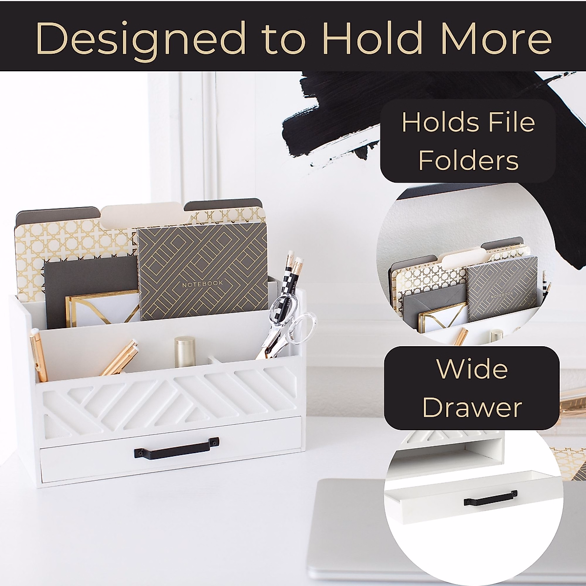 White Wood Desk Organizers and Storage with Drawer - Bill Mail Organizer and Mail Holder for Countertop and Kitchen - Desk Accessories & Workspace Organizers by Blu Monaco