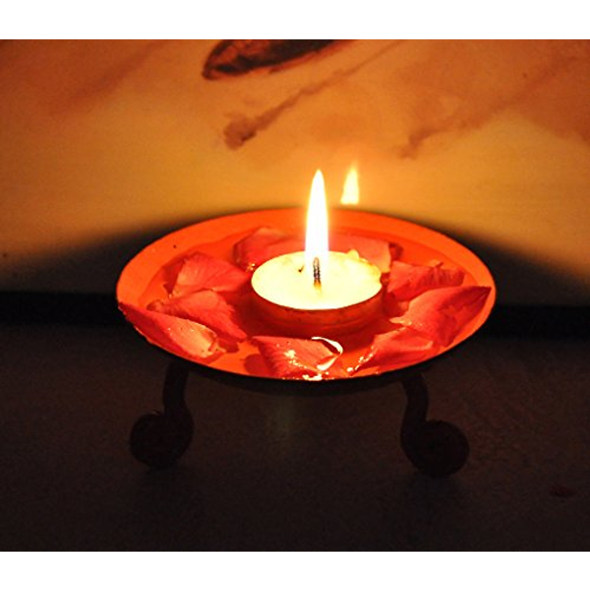 Lalhaveli Red Hand Painted Small Iron Pillar Candle Stand, 4.5" Tall 2" Candle Plate Votive Candle Holders Stand Decorative