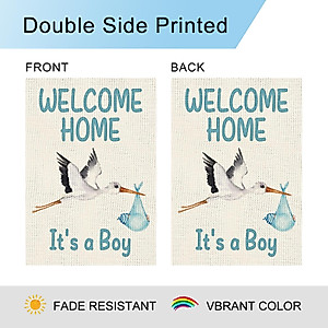 DLZDN Welcome Home Baby Boy Garden Flag Baby Shower Garden Flag 12×18 Inch Double Sided Burlap Flag Newborn Gender Reveal Lawn Yard Sign Stork Outdoor Decoration