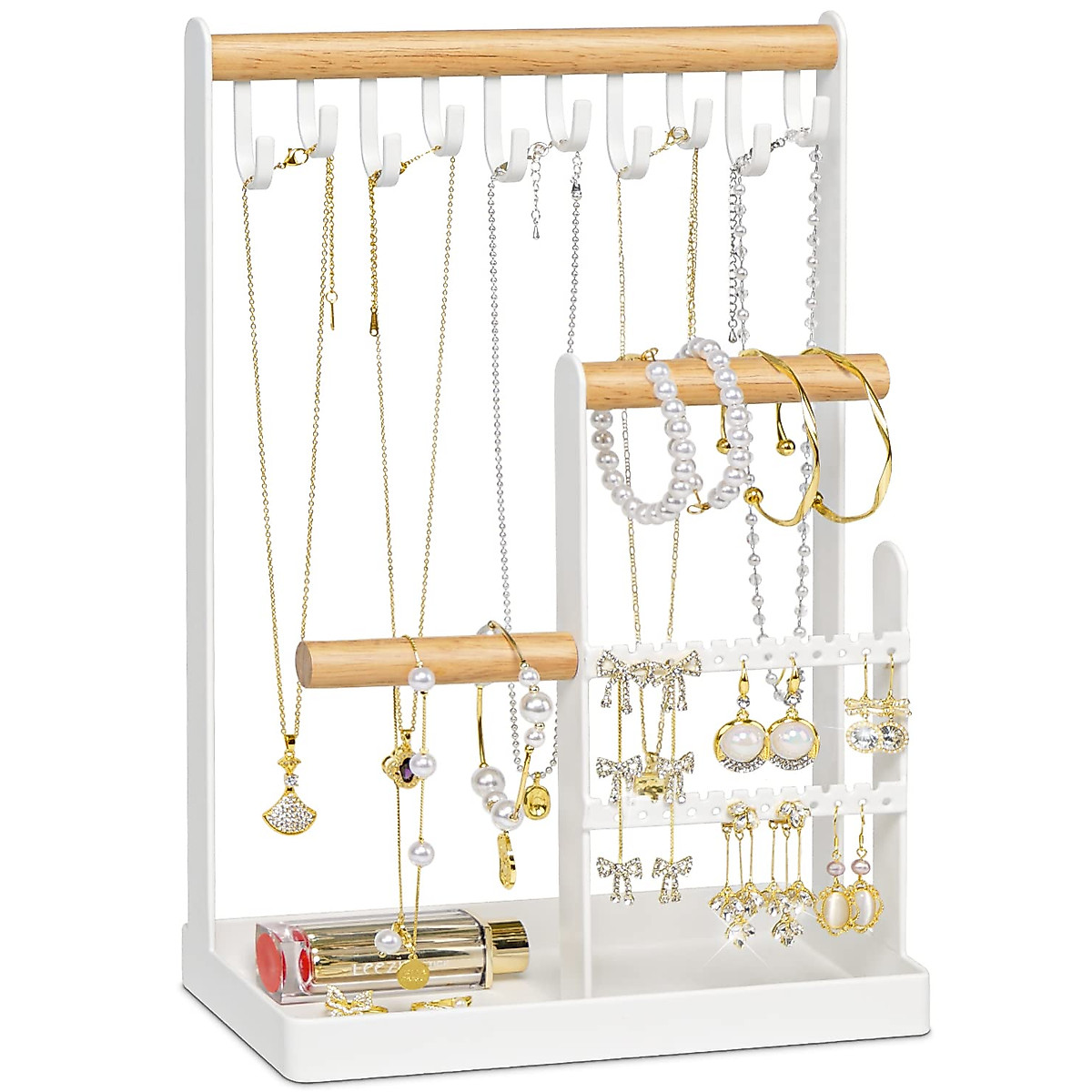 MetWoods Jewelry Holder Organizer with Earring Tray and 10 Hooks, 4 Tier Necklace Holder Display for Earrings Watches Bracelet Rings (White)
