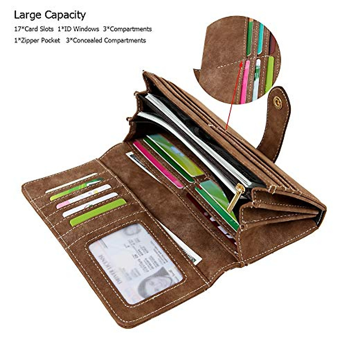 Cynure Women's Vegan Leather 17 Card Slots Card Holder Long Big Bifold Wallet,Coffee