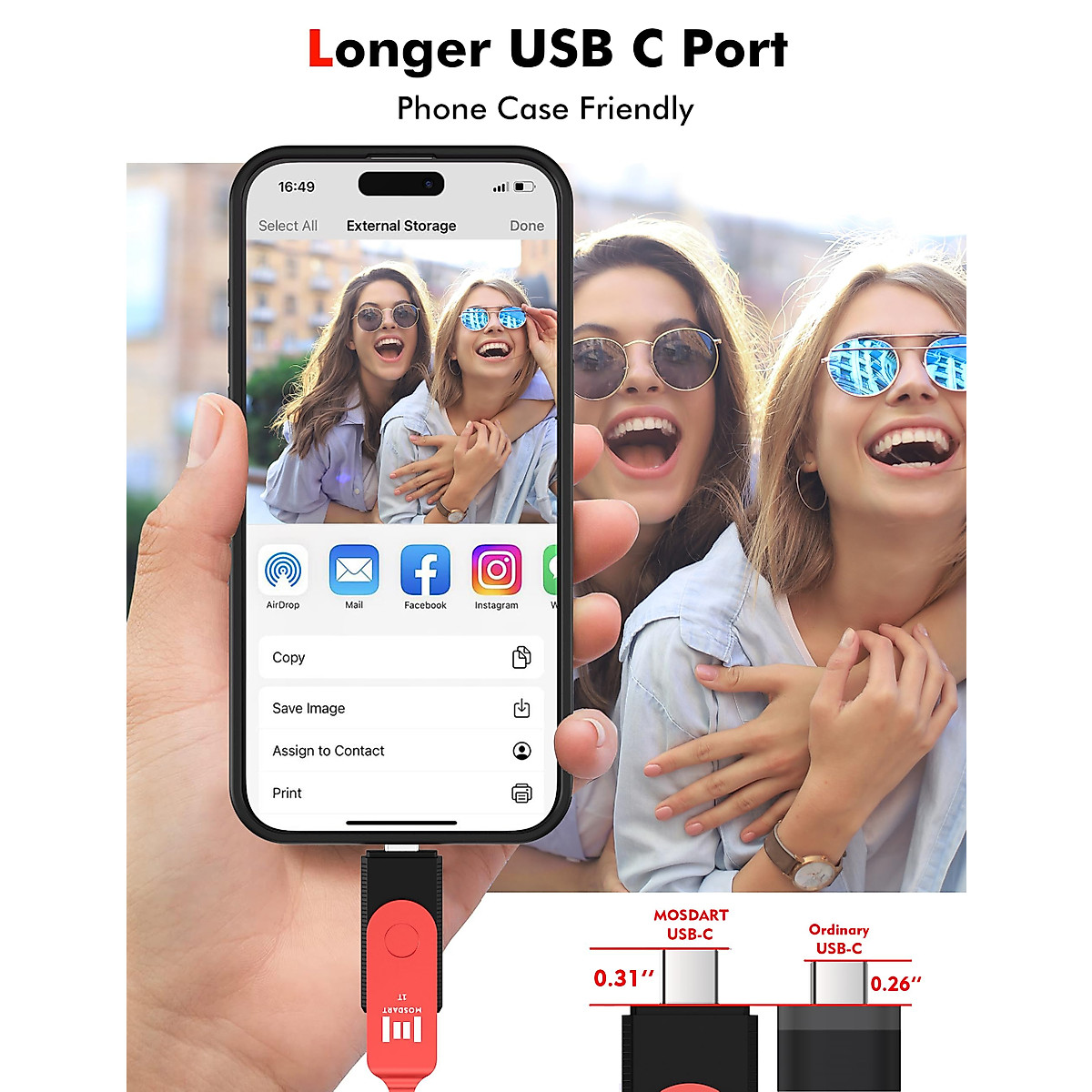 MOSDART 1TB USB3.1 Fast Speed C and A Dual Flash Drive, exFAT Memory Stick with Keychain and LED Indicator, for iPhone 15 and 16, Android Phone, iPad, MacBook, and Other Laptops, Red