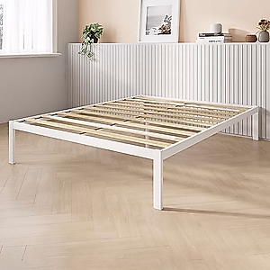 Novilla Metal Platform Bed Frame, Wood Slat Support, No Box Spring Needed, Easy Assembly, White, Full