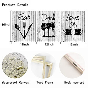 OuElegent Kitchen Canvas Wall Art Eat Love Sign Painting Pictures Rustic Wood Texture Prints Black Gray Modern Artwork for Home Restaurant Cafe Bar Wall Decor Framed Ready to Hang 12"x16"x3Pcs