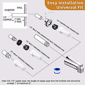 Dreyoo Diverter Tub Spout with Tub Spout Cover Ring, Universal Fits 1/2" Copper Pipe, 1/2" IPS and 3/4" IPS, Bathroom Bathtub Faucet Replacement with Foam Gasket, Adapters and Hex Wrench (Chrome)