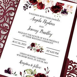 DORIS HOME 50pcs Burgundy Customized 4.7x7 Inch Wedding Invitation Kits Laser Cut Hollow Rose Pocket Wedding Invitations with Envelopes For Wedding Bridal Shower Engagement Invite