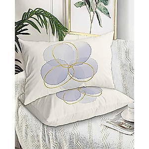 Edwiinsa Purple Flower Pillow Covers Standard Size Set of 2 20x26 Bed Pillow, Modern Abstract Art Yellow Lines Plush Soft Comfort for Hair/Skin Cooling Pillowcases with Envelop Closure