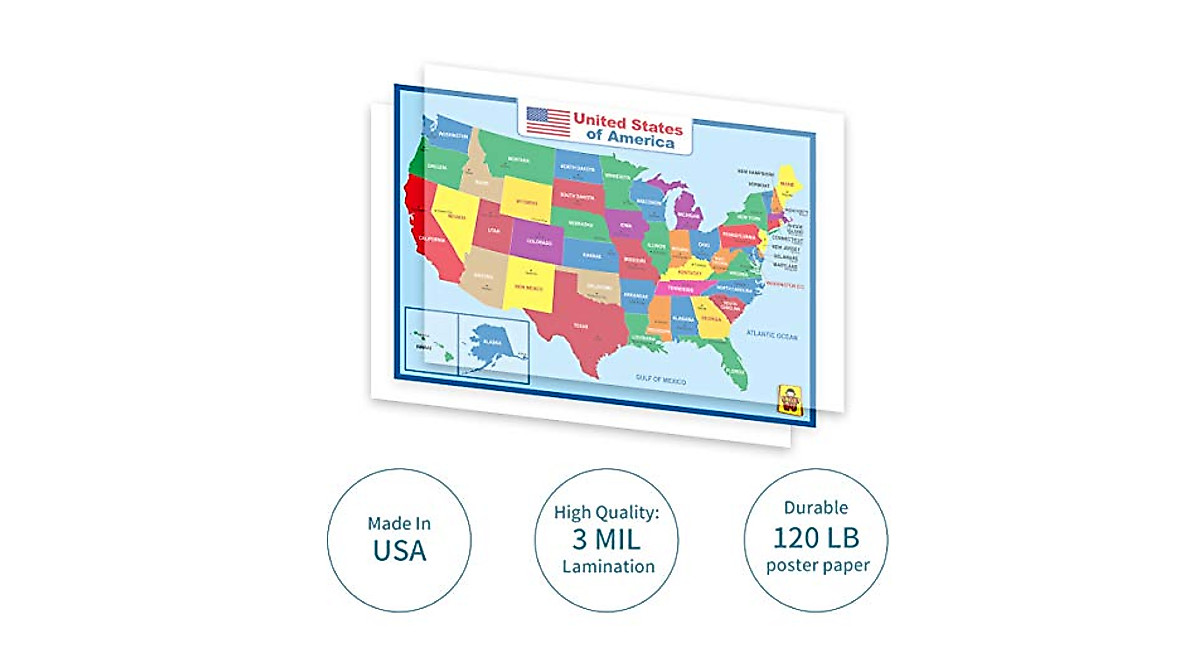 Laminated US Map Poster | Educational & Waterproof - 18x24"