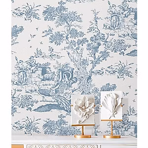 Peel and Stick Wallpaper Blue and White Wallpaper Toile Removable Self-Adhesive Wallpaper for Bedroom Bathroom Vintage Contact Paper for Walls Covering 16In×78.7In
