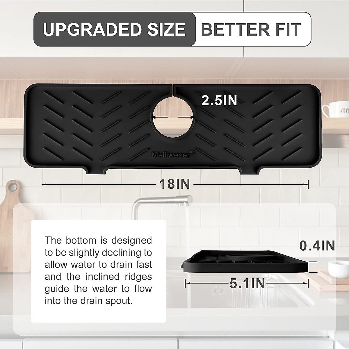 Meiliweser Silicone Faucet Splash Guard Gen 2 - Outlet & Slope Upgraded Faucet Water Catcher Mat - 18” x 5.1” - Sink Sponge Holder for Kitchen, Bathroom(Black)