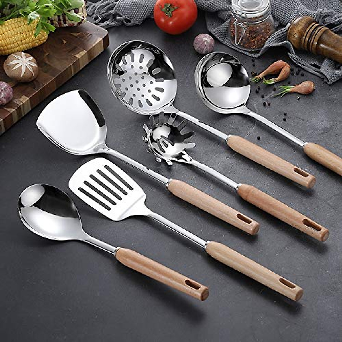 6 Pcs Stainless Steel Kitchen Utensil Wood Handle Cooking Tools Set Ladle Spoon for Restaurant Kitchenware Set