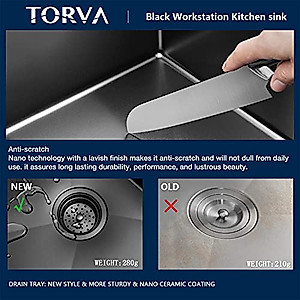TORVA 32-Inch Gloss Black Workstation Undermount Single Bowl Kitchen Sink, 16 Gauge Stainless Steel with PVD Coated Gunmetal Sink, NanoTek Sink with Bamboo Cutting Board and Drain Tray(Dark Gray)