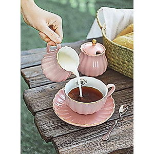 Amazingware Royal Tea Cups and Saucers, with Gold Trim and Gift Box, British Coffee Cups, Porcelain Tea Set, Set of 6 (8 oz)- Pink