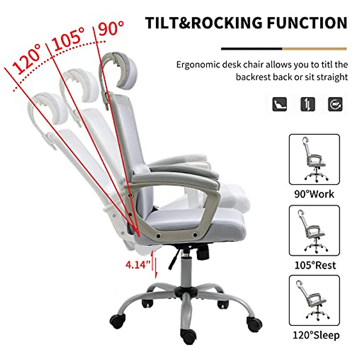 Office Chair, Ergonomic Mesh Desk Chair, High Back Computer Chair with Adjustable Headrest,Lumbar Support, Tilt Function,Swivel Rolling, Soft PU Armrest Task Chair Home Office Desk Chairs, Grey