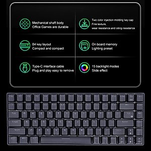 ASHATA TypeC Wired Gaming Keyboard, Portable 84 Keys Type‑C Backlight Gaming/Office Keyboard for PC/Laptop, Blue Switch (Black Blue axis Mixed Light)