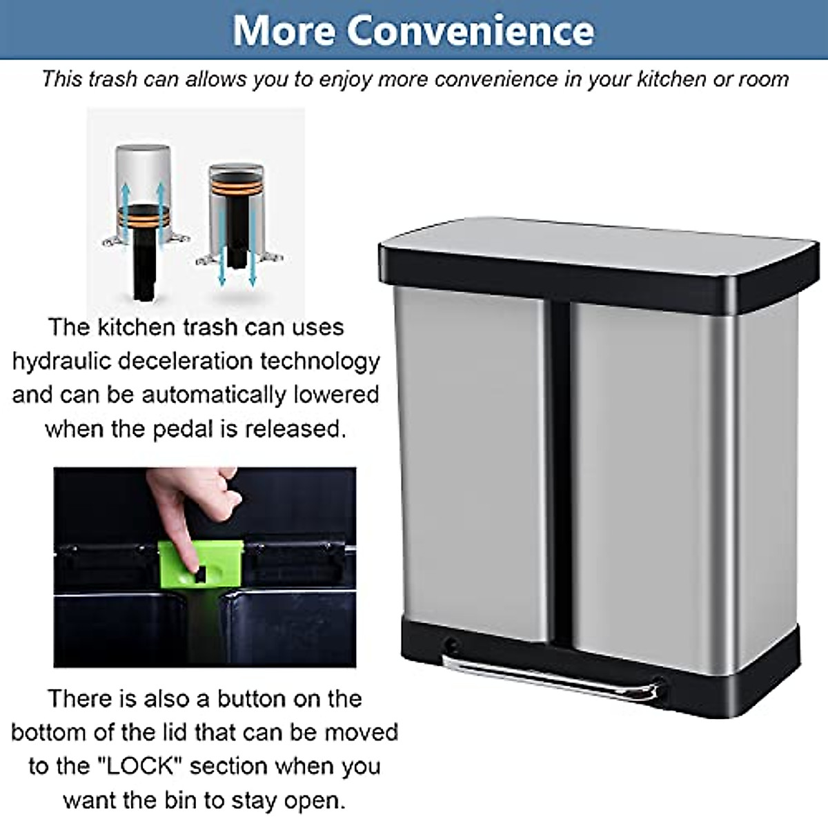 Kitchen Trash Can Stainless Steel 16 Gallon/ 60L Step Garbage Bin Dual Compartment Trash Bin Rectangular Classified Pedal Step Recycle Garbage Can Rubbish Bin w/ Lid & Removable Inner Buckets(2X30L)