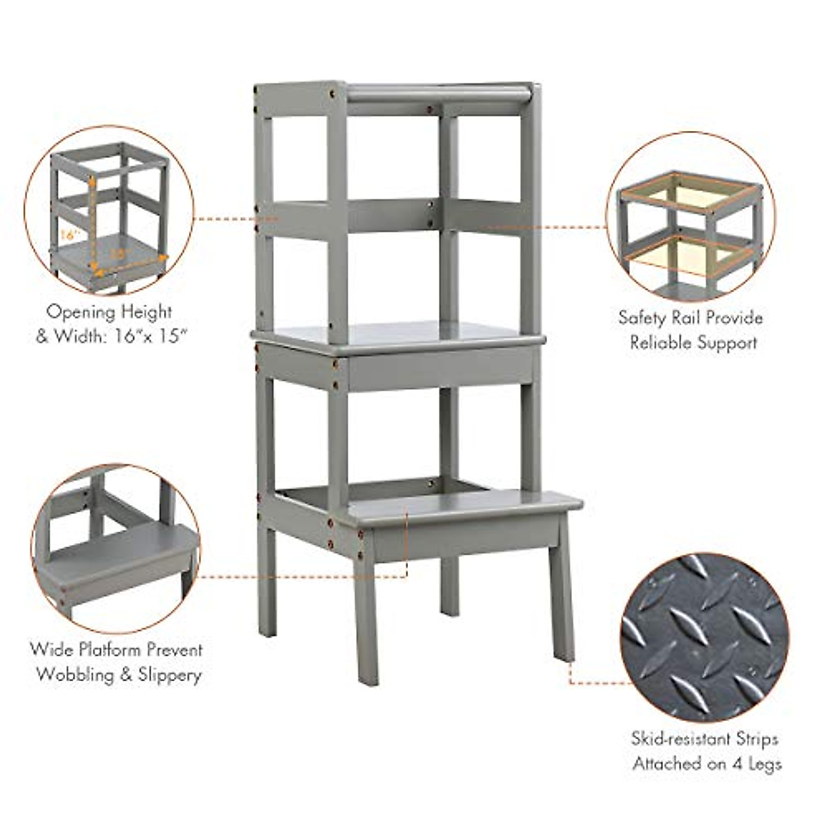 Costzon Kids Kitchen Step Stool with Safety Rail, Wood Standing Tower Learning Stool with Anti-Slip Strips for Children, Toddlers Kitchen Counter Helper Stool for Bathroom