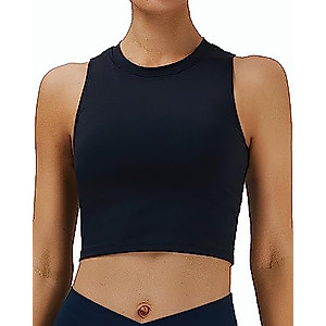 Oalka Women's High Neck Longline Sport Bras Padded Workout Crop Tops Yoga Tank Tops Black XXL