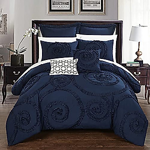 Chic Home CS2213-AN 7 Piece Rosalia Floral Ruffled Etched Embroidery Comforter Set, King, Navy