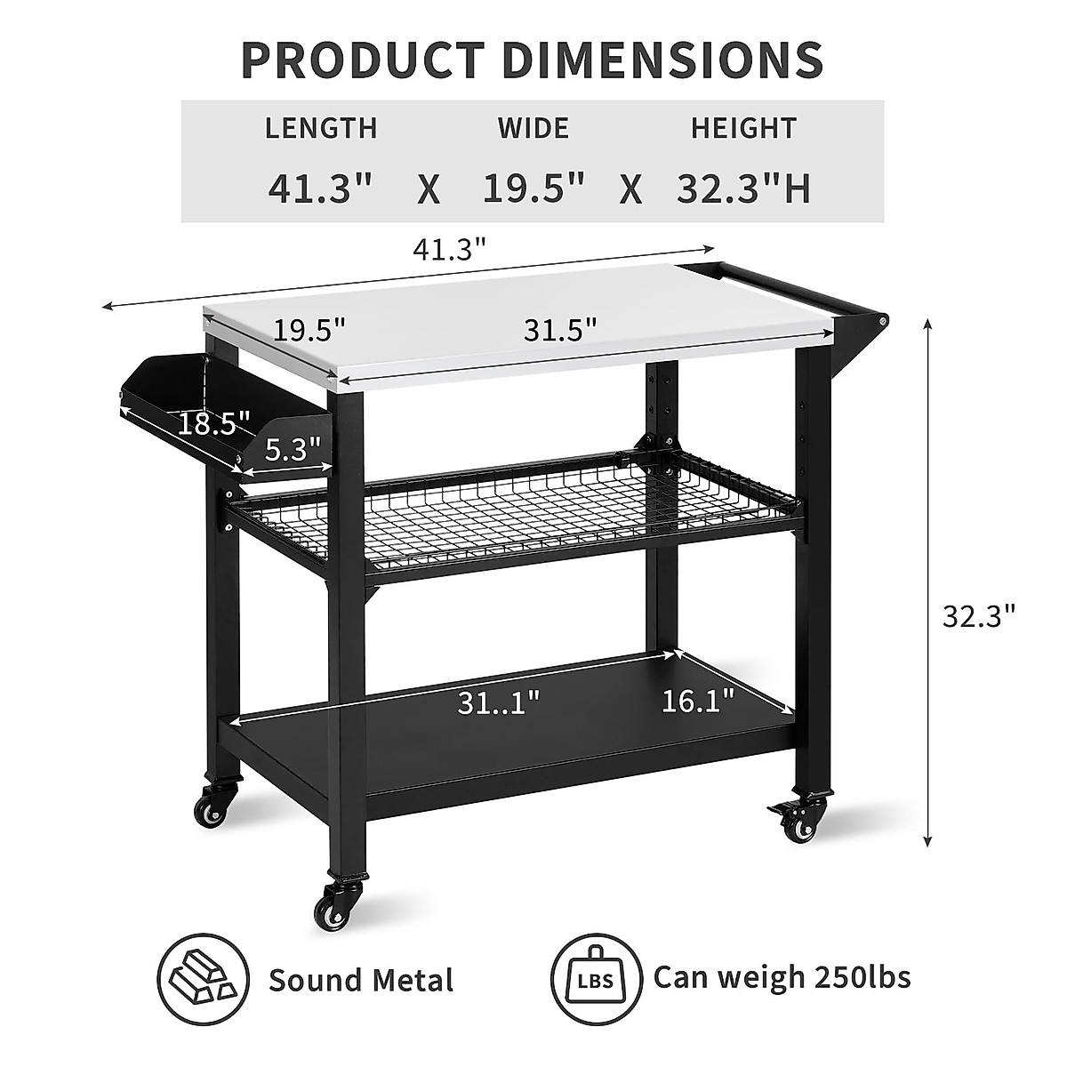 Polar Aurora Three-Shelf Movable Outdoor Grill Cart Pizza Oven Stand, Multifunctional Kitchen Food Prep Table with Drawer, Stainless Steel Desktop Dining Worktable on 4 Wheels & Seasoning Tray